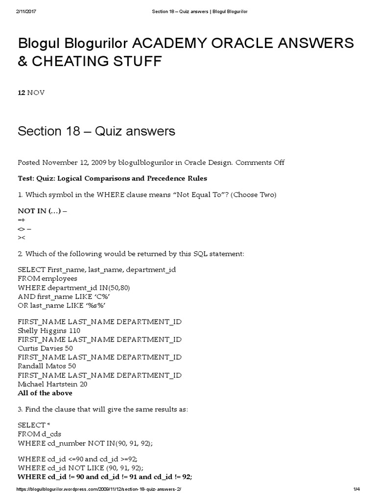 Oracle Quiz Answer - Section 18 | PDF | Table (Database) | Sql