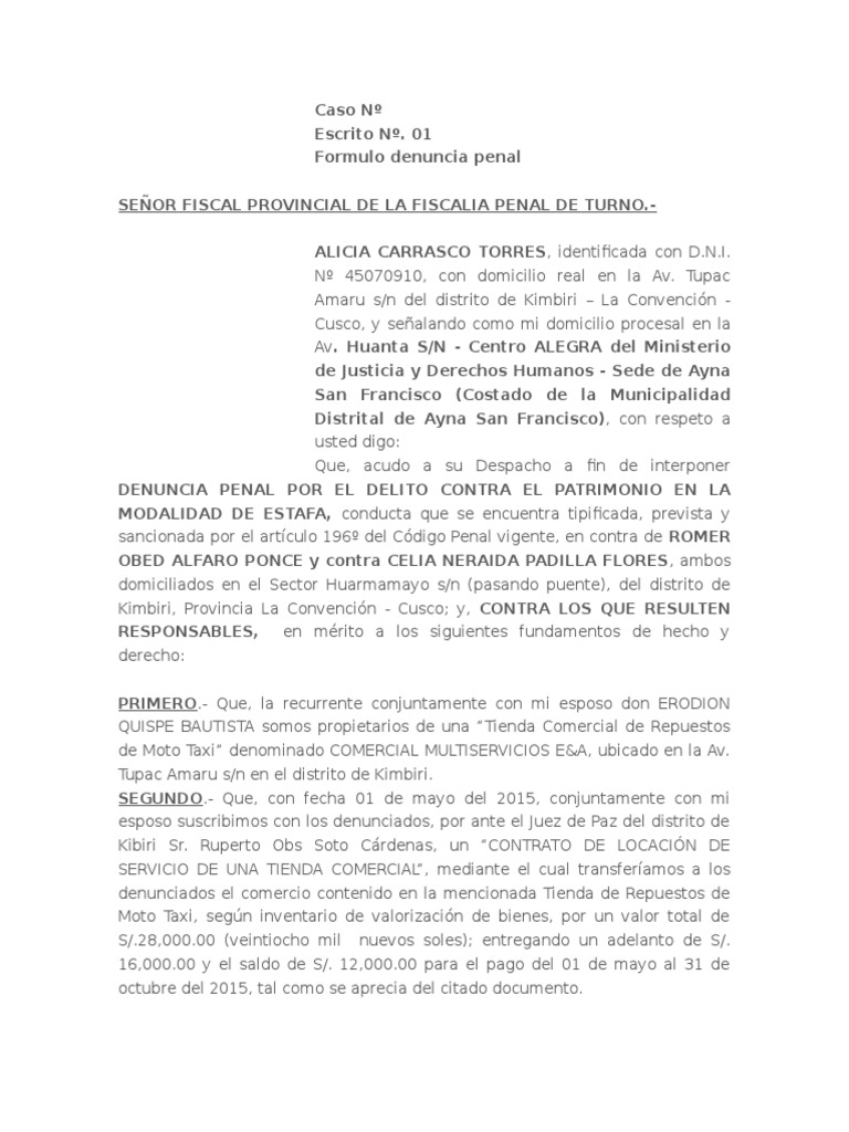 modelo de denuncia de Estafa | Gobierno | Política