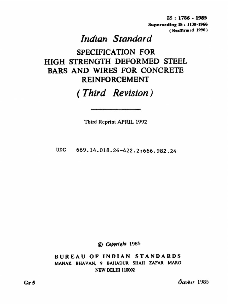 IS 1786 1985 Concrete Reinforcement PDF | PDF
