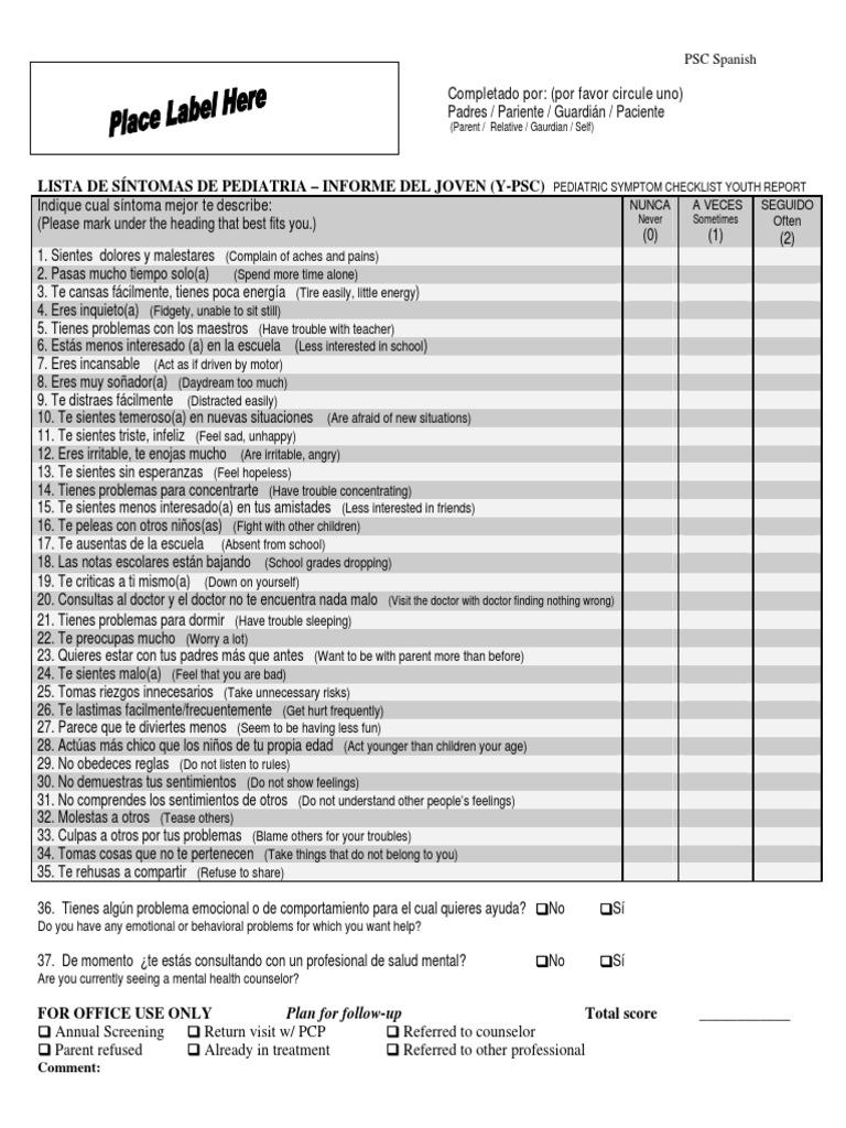 PSC Y Youth Self Report Spanish | PDF | Psicología Aplicada ...