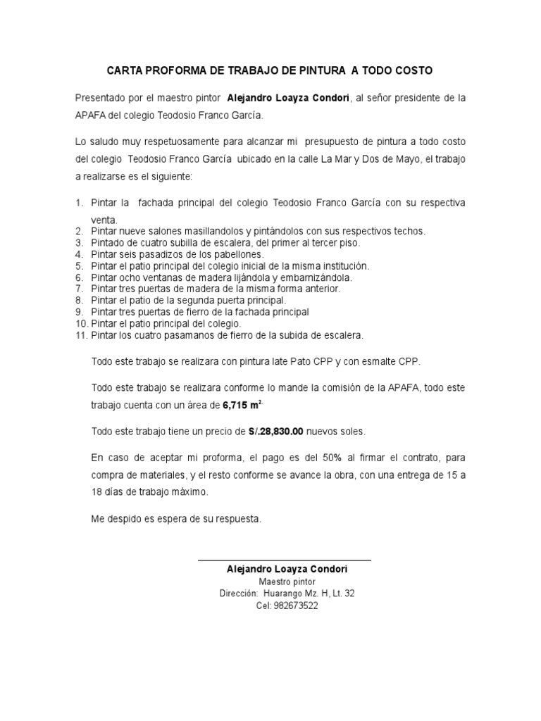 Carta Proforma de Trabajo de Pintura A Todo Costo | PDF