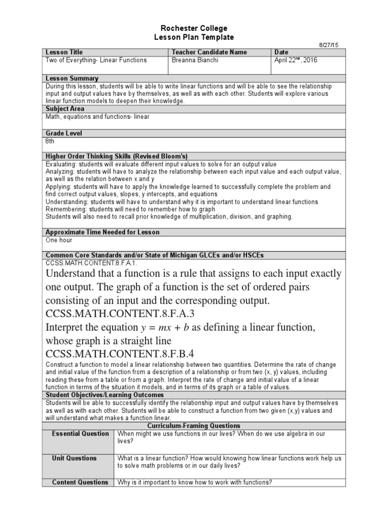 Two of Everything Lesson Plan-Linear Functions | PDF | Function ...