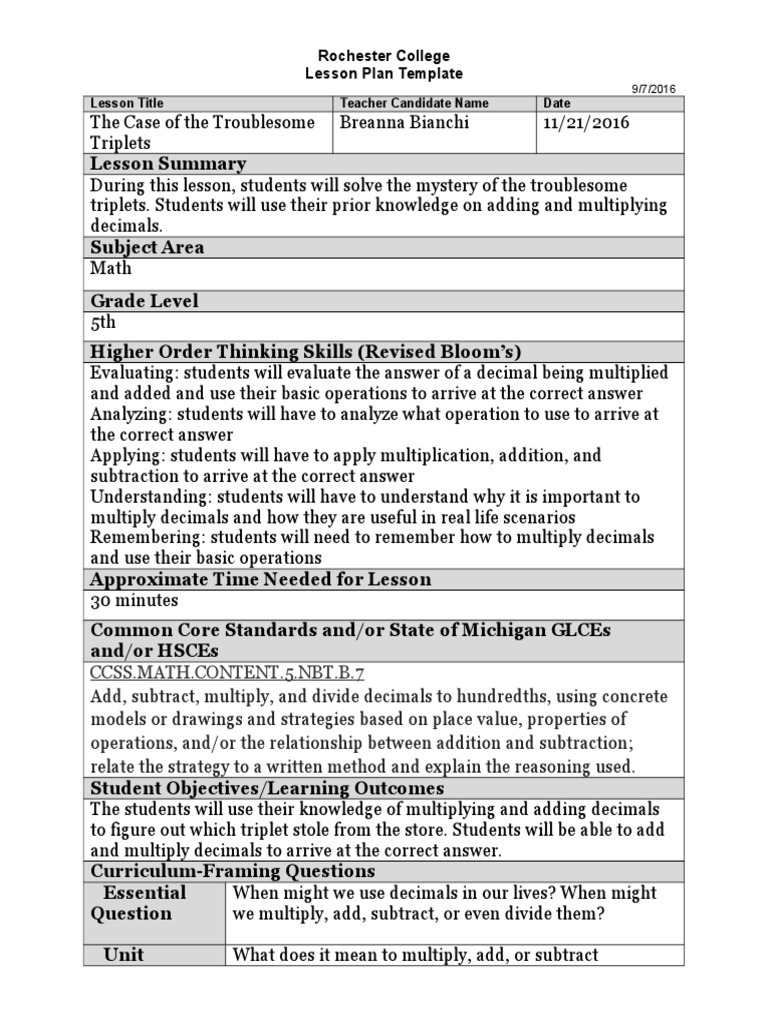 Mystery Lesson Plan | Download Free PDF | Multiplication | Educational ...