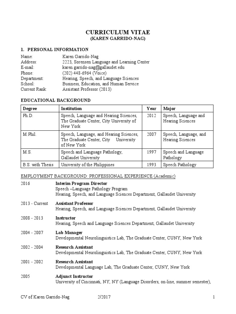 Curriculumvitae Karengarridonag 2017 | PDF | Speech Language Pathology ...