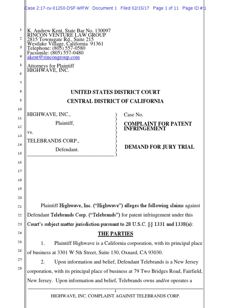 Highwave v. Telebrands - Complaint | PDF | Patent Infringement | Complaint