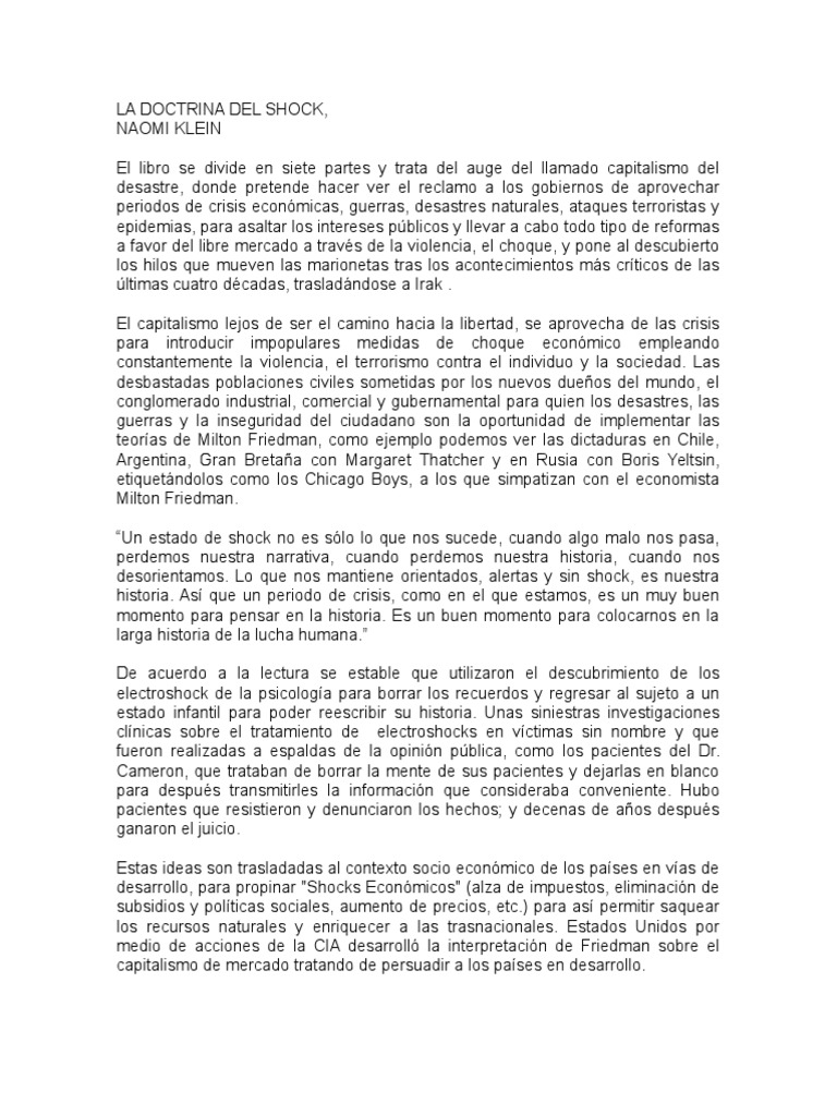Resumen La Doctrina Del Shock 2 | PDF | Milton Friedman | Economía ...