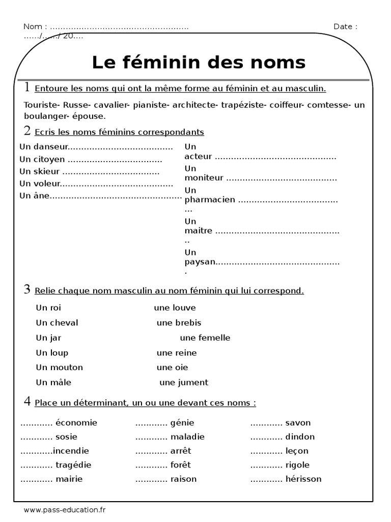 Féminin Des Noms Ce2 Exercices À Imprimer | PDF