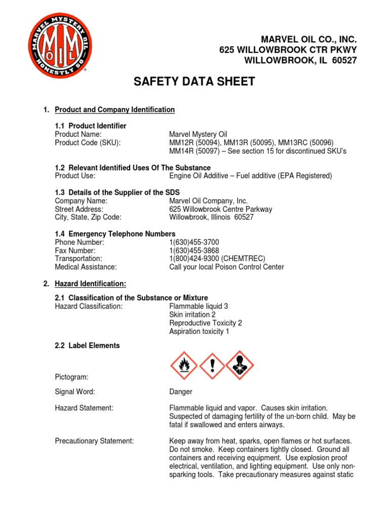 Marvel Mystery Oil MSDS | Chemistry | Chemicals