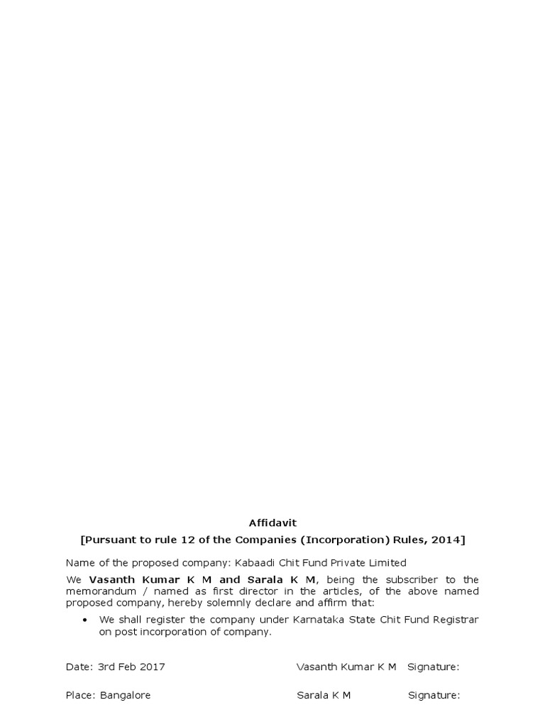 Affidavit (Pursuant To Rule 12 of The Companies (Incorporation) Rules ...