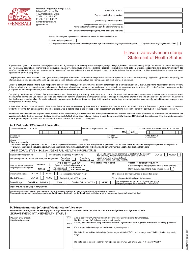 Izjava o Zdravstvenom Stanju | PDF