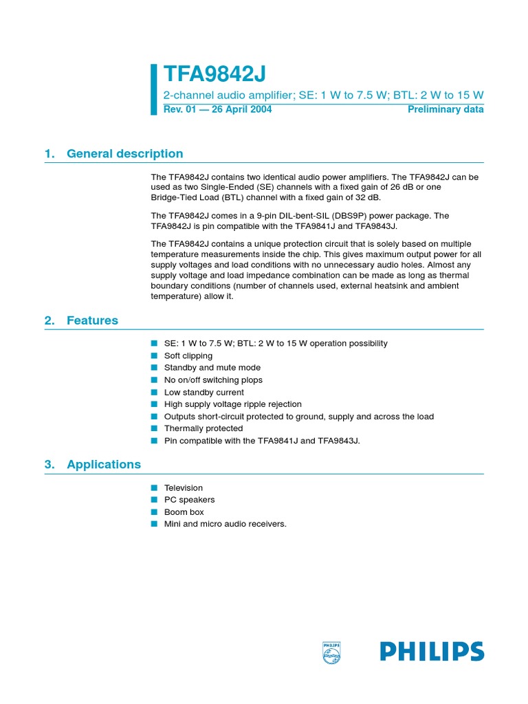 TFA9842J 2-Channel Audio Amplifier PDF | PDF | Amplifier ...