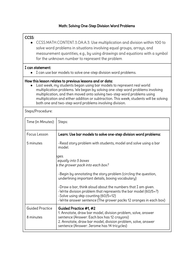 Math Solving One-Step Division Word Problems | PDF | Teaching ...