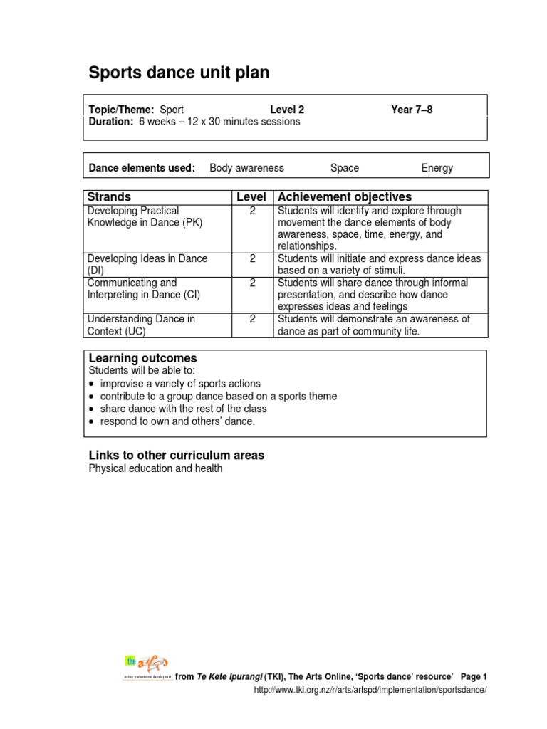 Sports Dance Unit Plan: Strands Level Achievement Objectives | PDF