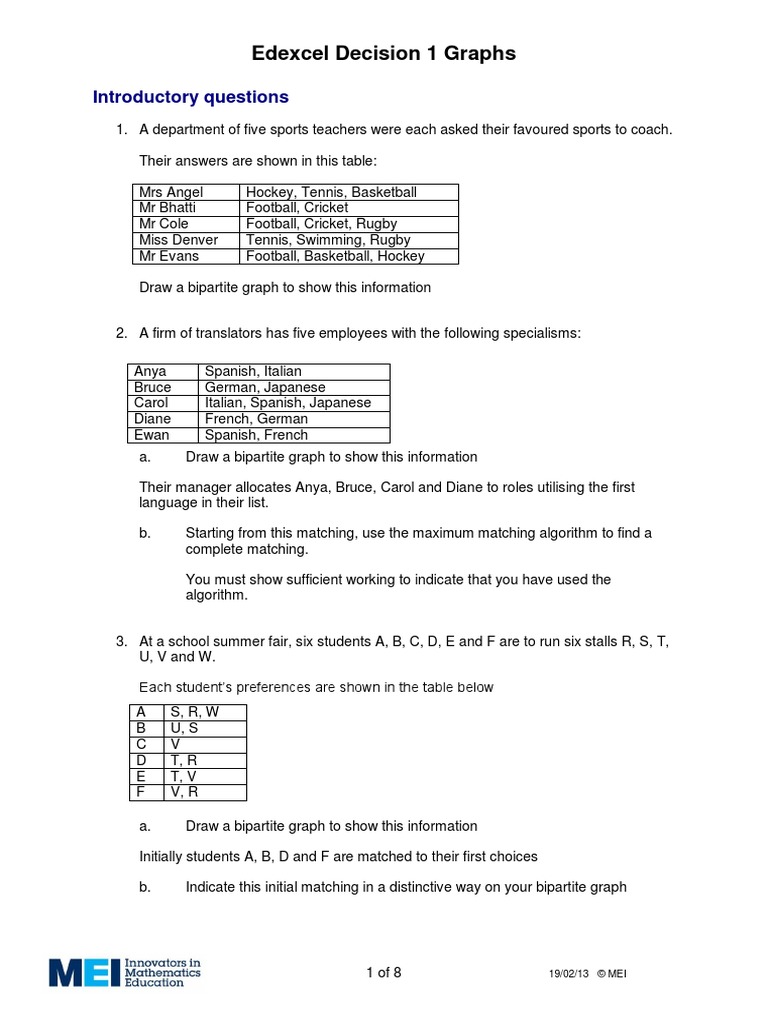 Edexcel Decision 1 Graphs: Introductory Questions | PDF | Graph Theory | Areas Of Computer Science