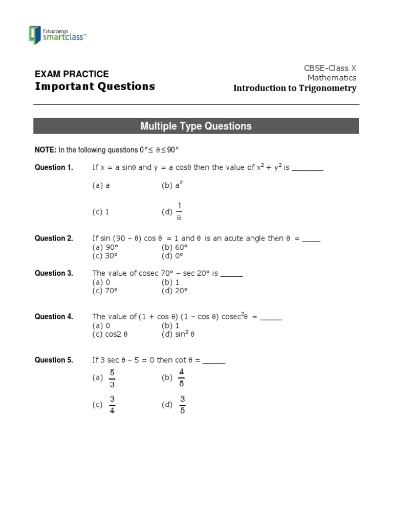 Important Questions: Exam Practice Introduction To Trigonometry | PDF ...