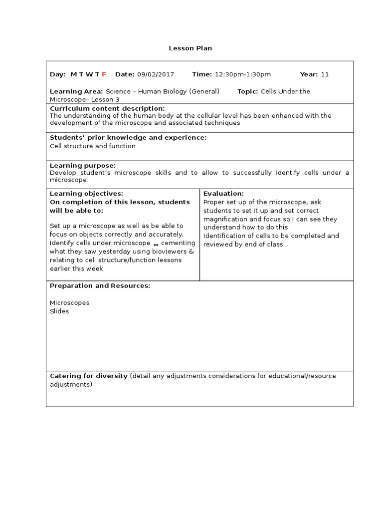 Human Biology: Microscope Lesson Plan | PDF | Microscope | Lesson Plan