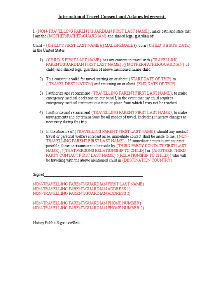 International Travel Consent Form Template | PDF | Parent | Relationships