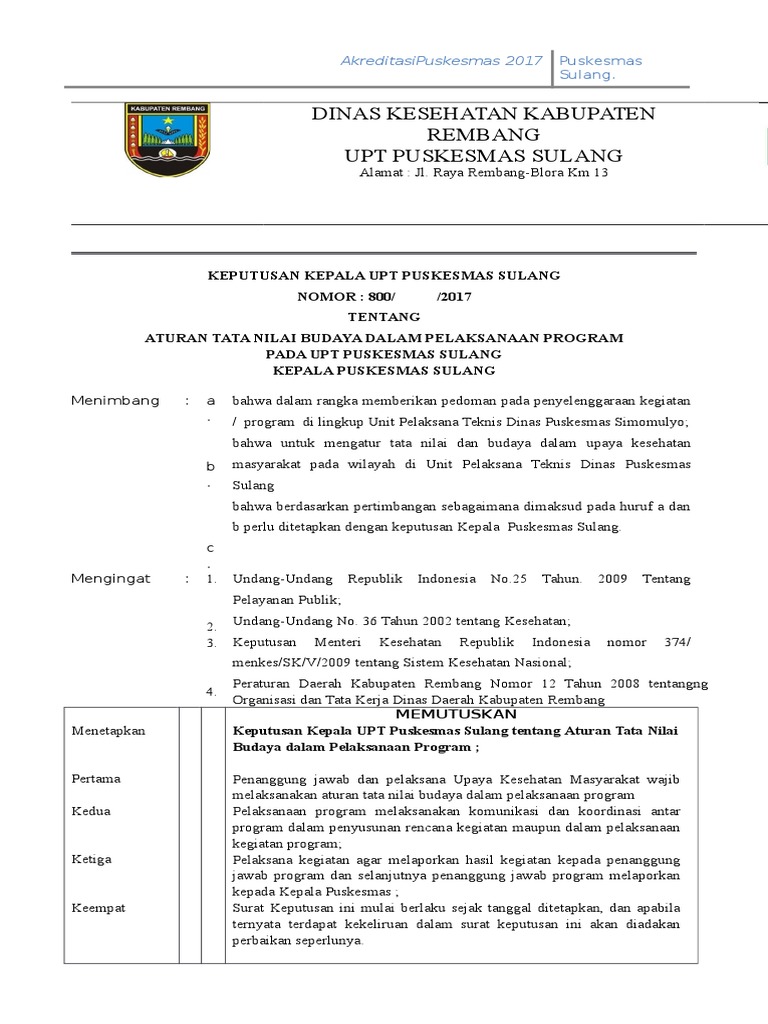 Dinas Kesehatan Kabupaten Rembang Upt Puskesmas Sulang | PDF