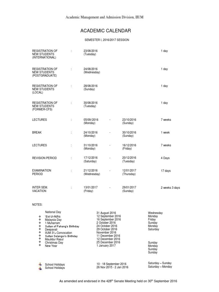 IIUM Academic Calendar 2016/2017 | PDF