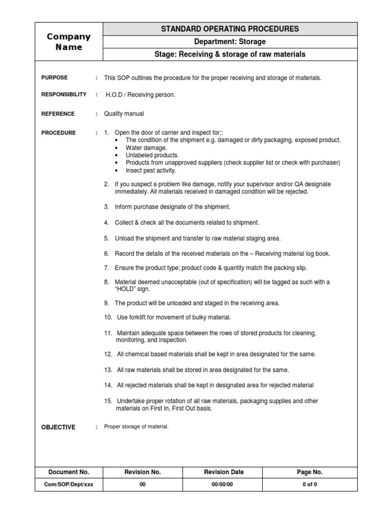 SOP for Receiving Raw Materials | PDF | Business