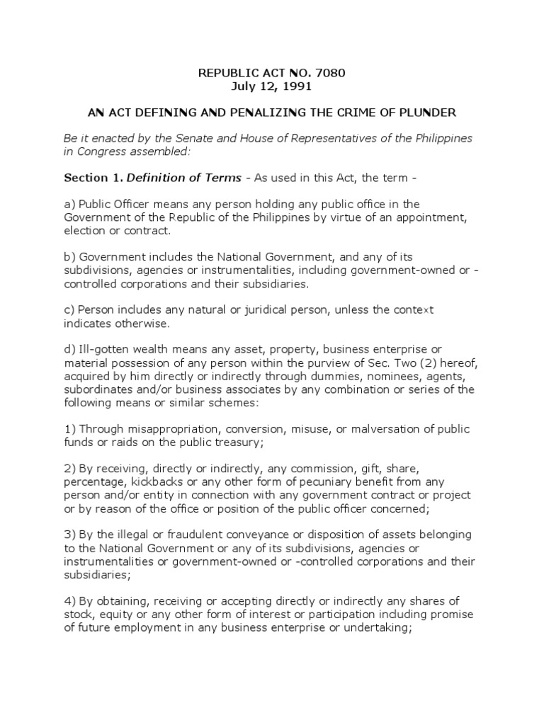RA 7080 - Anti-Plunder Act | PDF | Legal Personality | Crime & Violence