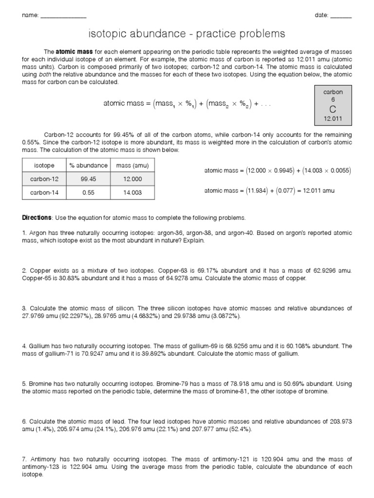 Average Atomic Mass and Percent Abundance Worksheet 2 and KEY | Isotope ...