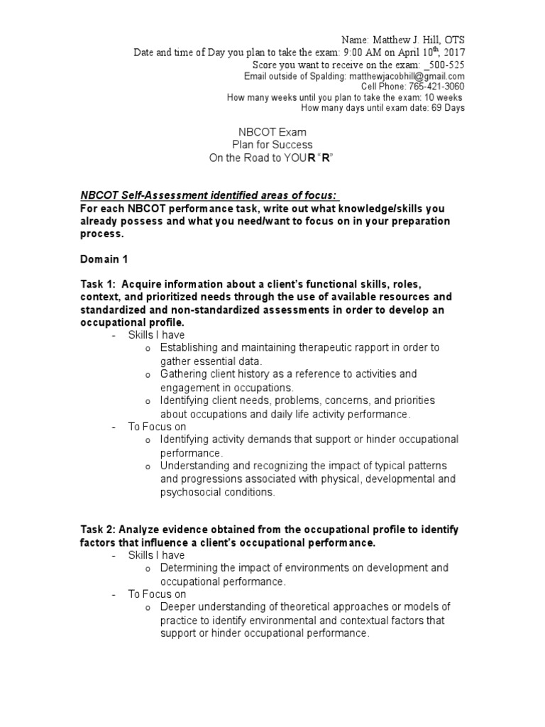 Nbcot Self Assessment and Study Plan | PDF | Occupational Therapy ...