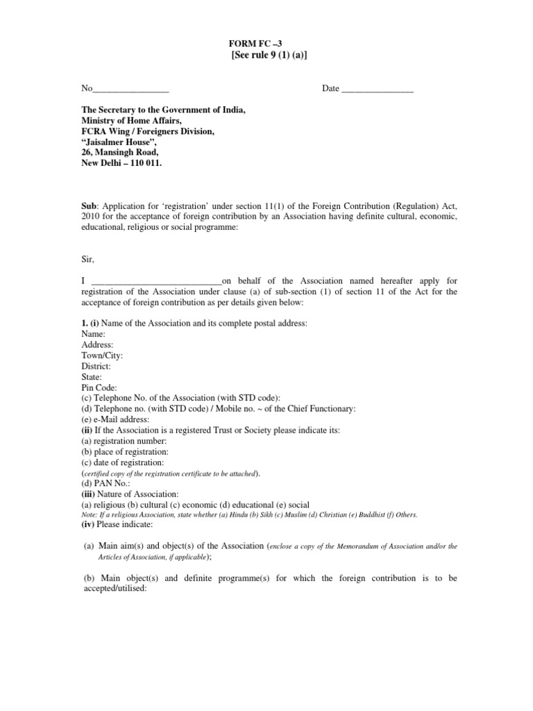 Application Form For Registration - FCRA | PDF | Government Of India ...