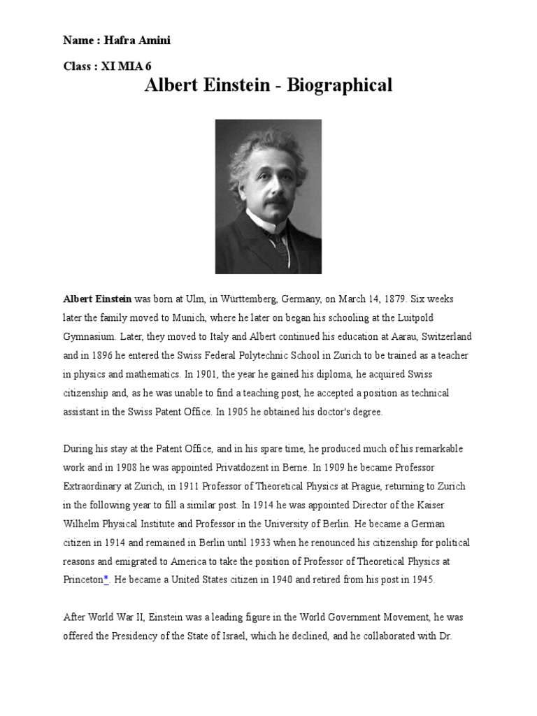 Albert Einstein - Biographical: Name: Hafra Amini Class: XI MIA 6 | PDF ...