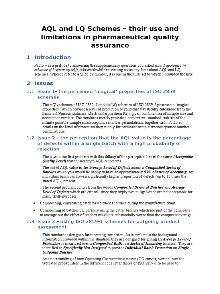 AQL and LQ Schemes | PDF | Sample Size Determination | Sampling ...