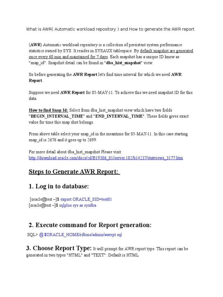 Steps To Generate Awr Report 1 Log In To Database Pdf Databases Central Processing Unit