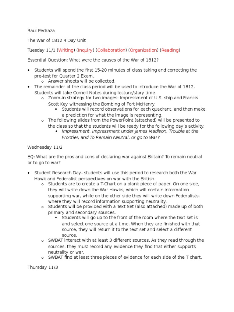 War of 1812 Lesson Plan | PDF | War Of 1812 | Cognition