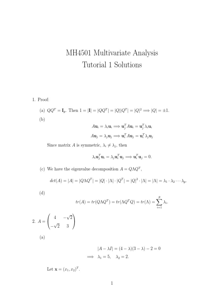 MH4501 Multivariate Analysis Solutions | PDF | Eigenvalues And ...