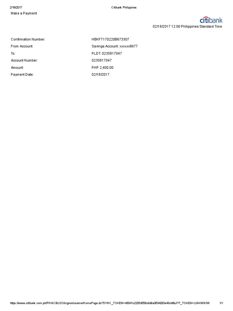 Citibank Payment Confirmation for PLDT | PDF