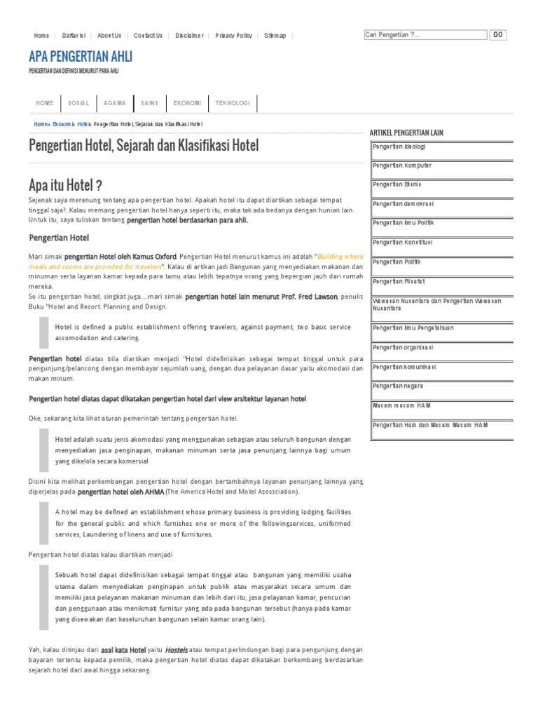 Pengertian Hotel, Sejarah Dan Klasifikasi Hotel - APA PENGERTIAN AHLI ...