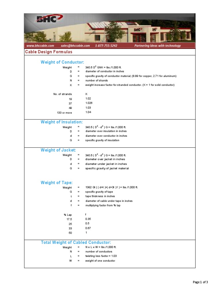Cable Design Formulas: Weight of Conductor | PDF | Wire | Electrical ...