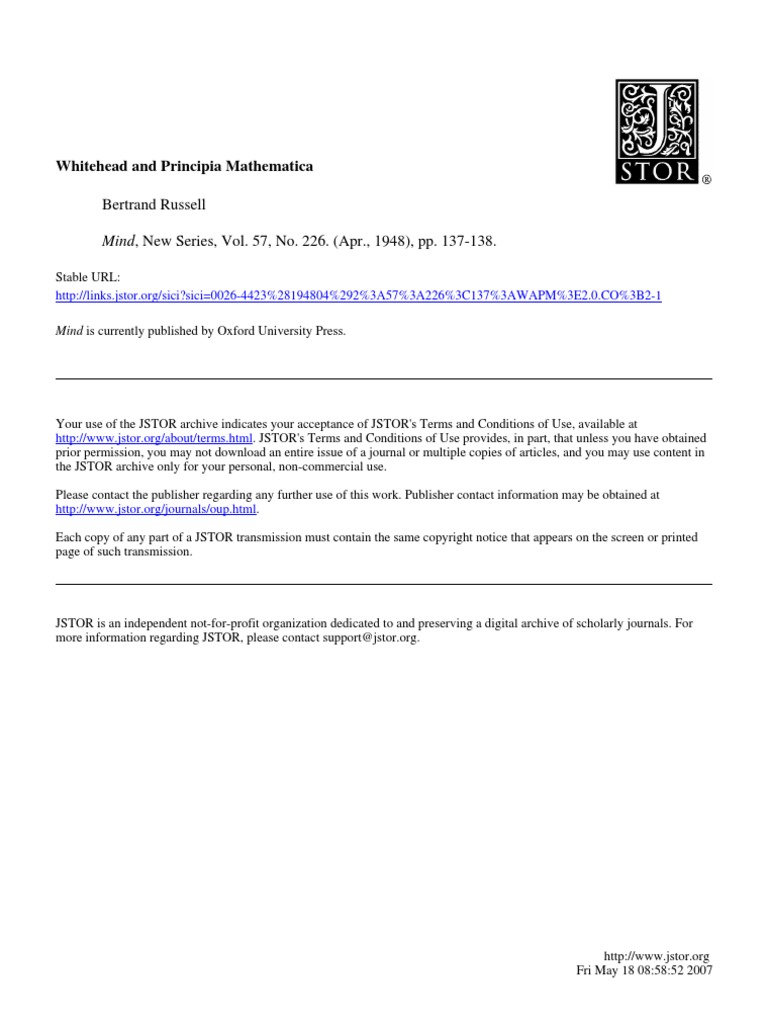 Russell, Bertrand - Whitehead and Principia Mathematica | PDF | Alfred ...