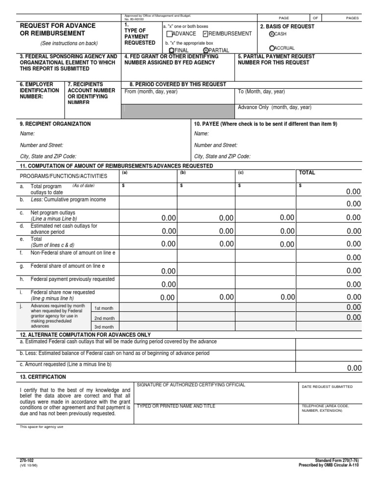 Request For Advance or Reimbursement: (See Instructions On Back) | PDF ...
