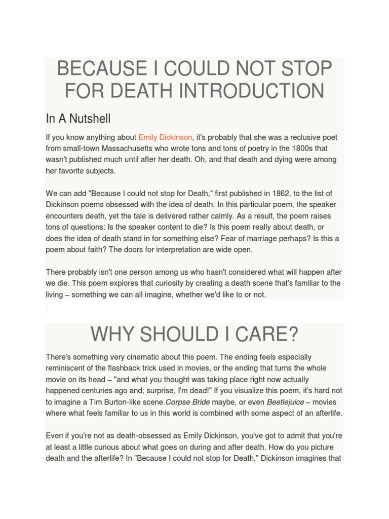 Because I Could Not Stop for Death | Metre (Poetry) | Emily Dickinson ...