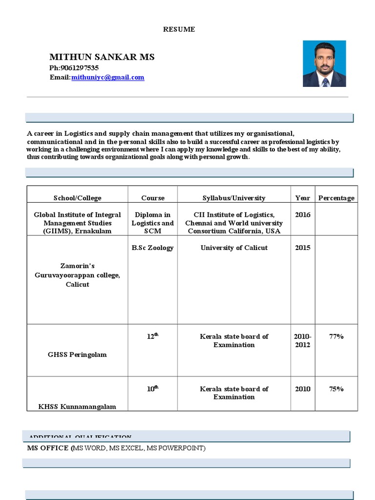 Mithun Resume Edited 2 | Download Free PDF | Kerala | Logistics