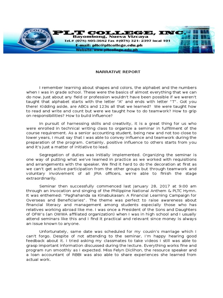 Narrative Report | PDF | Literacy | Cognition