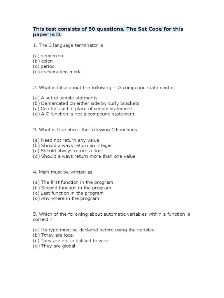 This Test Consists of 50 Questions. The Set Code For This Paper Is D ...