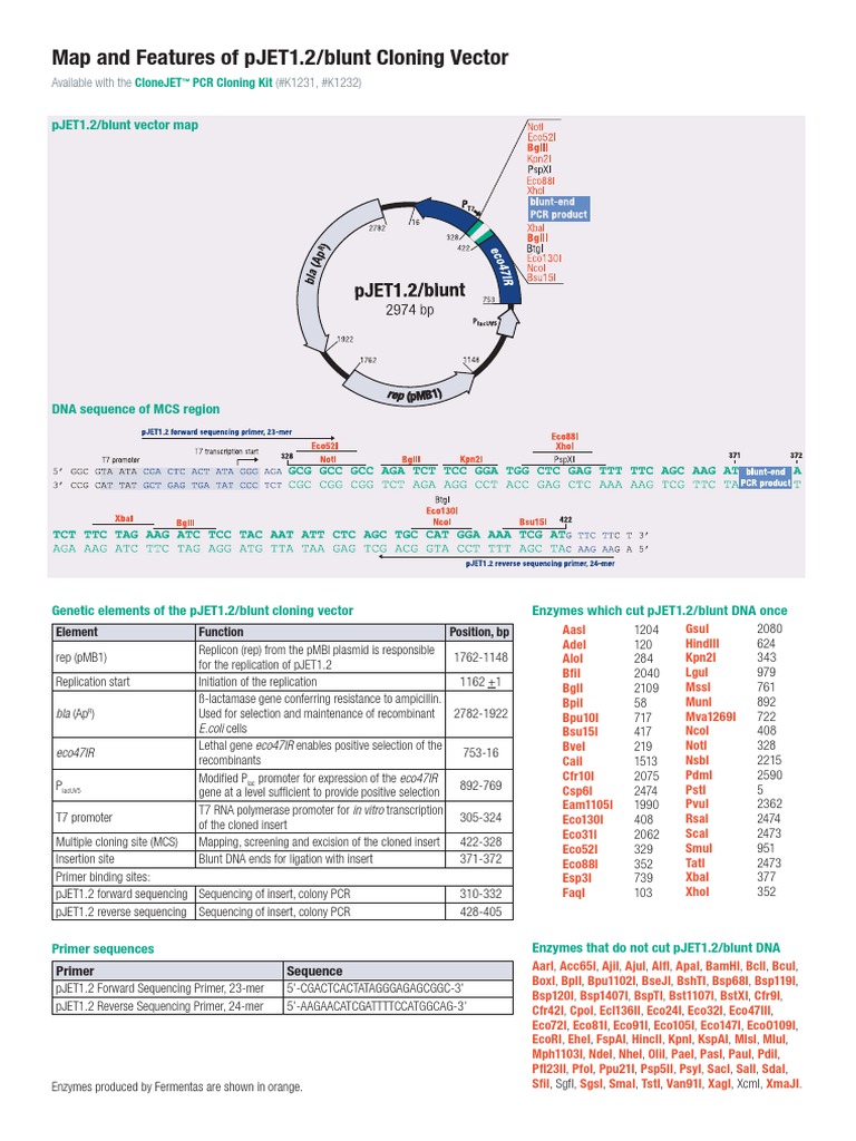 Map and Features of PJET1 | PDF | Molecular Cloning | Plasmid