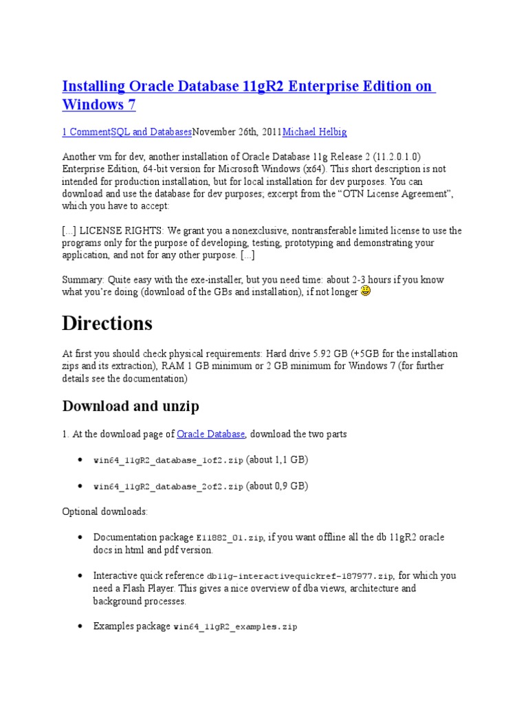 Installing Oracle Database 11gr2 Enterprise Edition On Windows 7 Pdf Oracle Database Zip