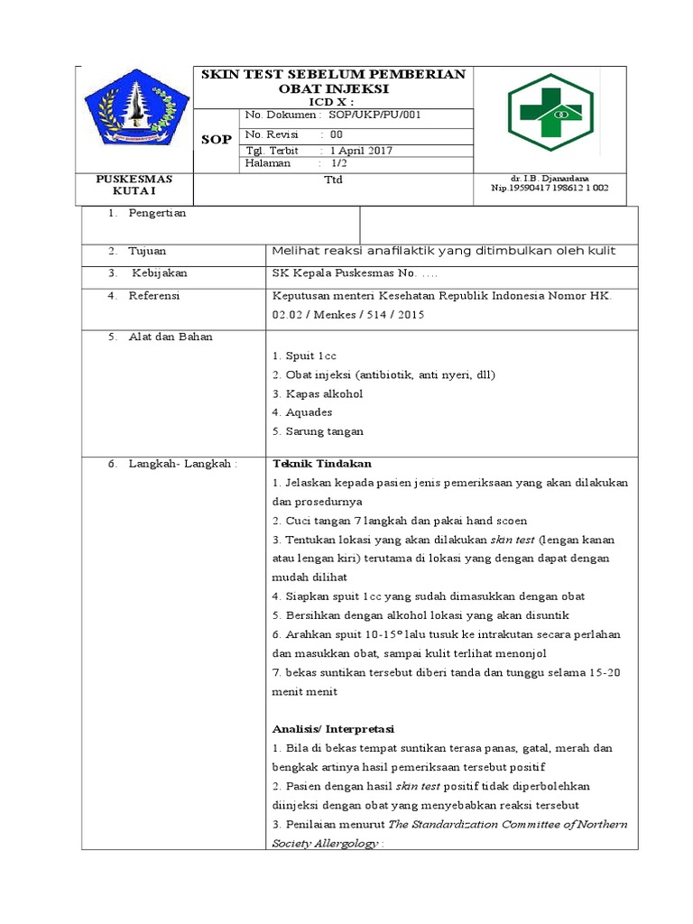Sop Skin Test Sebelum Pemberian Obat Injeksi | PDF