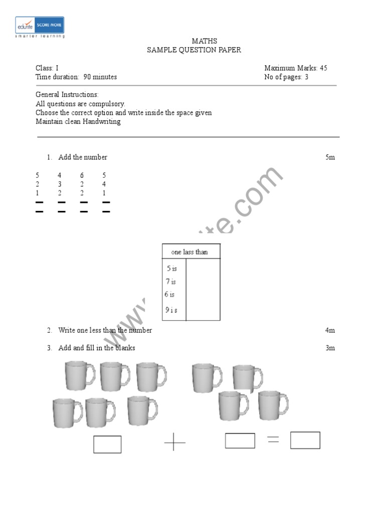 Icse Class 1 Maths Sample Paper Model 1 PDF | PDF