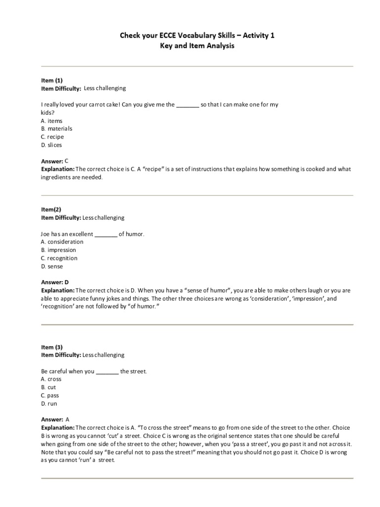 Check Your ECCE Vocabulary Skills - Activity 1 Key and Item Analysis ...