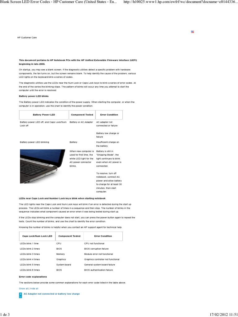 Blank Screen LED Error Codes: Show all Hide all