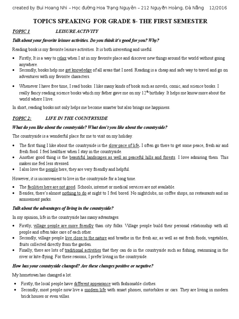 Topics Speaking For Grade 8 Hoc Ki 1 | PDF | Vietnam | Vietnamese People