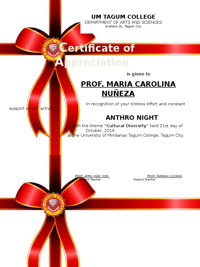 Celebrating Cultural Diversity: A Certificate of Appreciation for ...